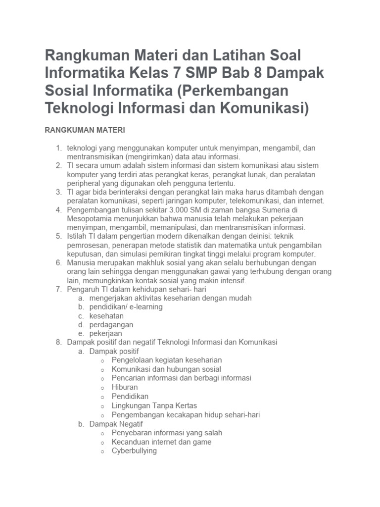 Rangkuman Materi Dan Latihan Soal Informatika Kelas 7 SMP Bab 8 Dampak Sosial Informatika | PDF ...