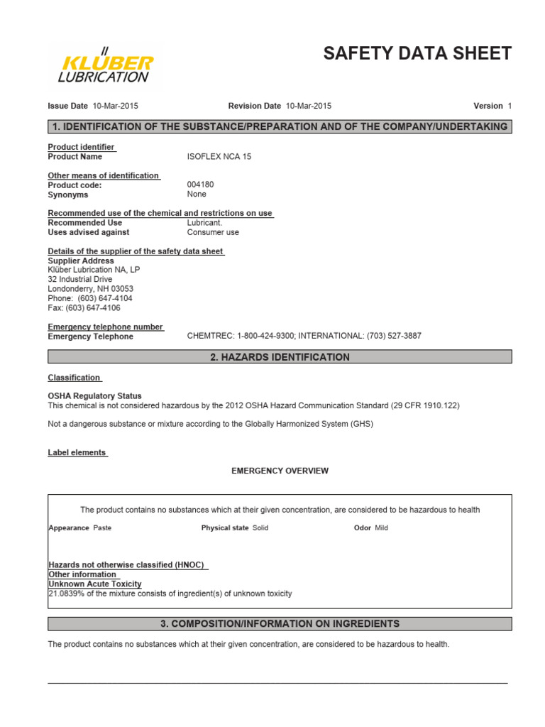 ISOFLEX NCA 15 Safety Data Sheet | PDF | Superfund | Safety