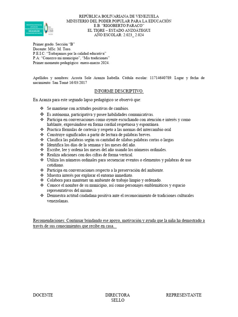 INFORME DESCRIPTIVO Primer Grado Segundo Momento | PDF | Maestros ...