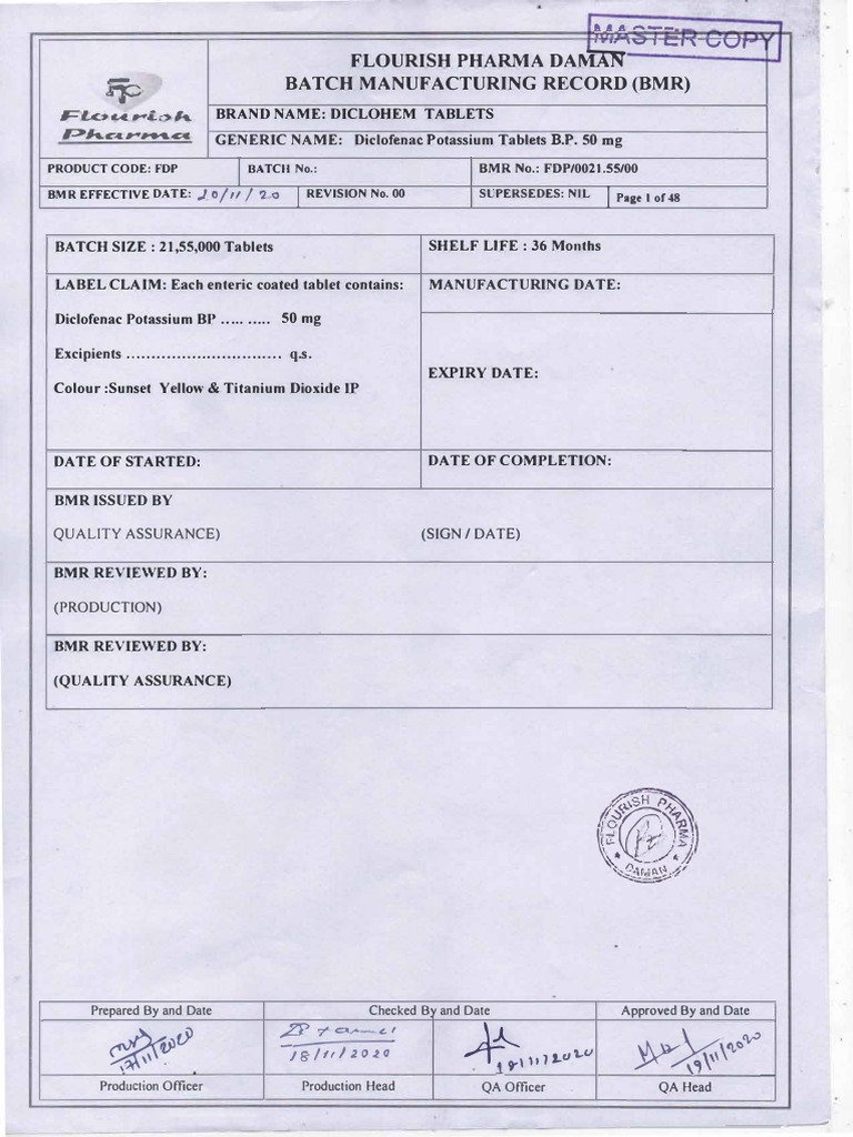 12 - Diclohem Tablets (BMR) | PDF | Chemistry | Chemical Compounds