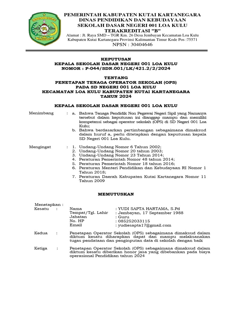SK Operator Sekolah 2024 | PDF