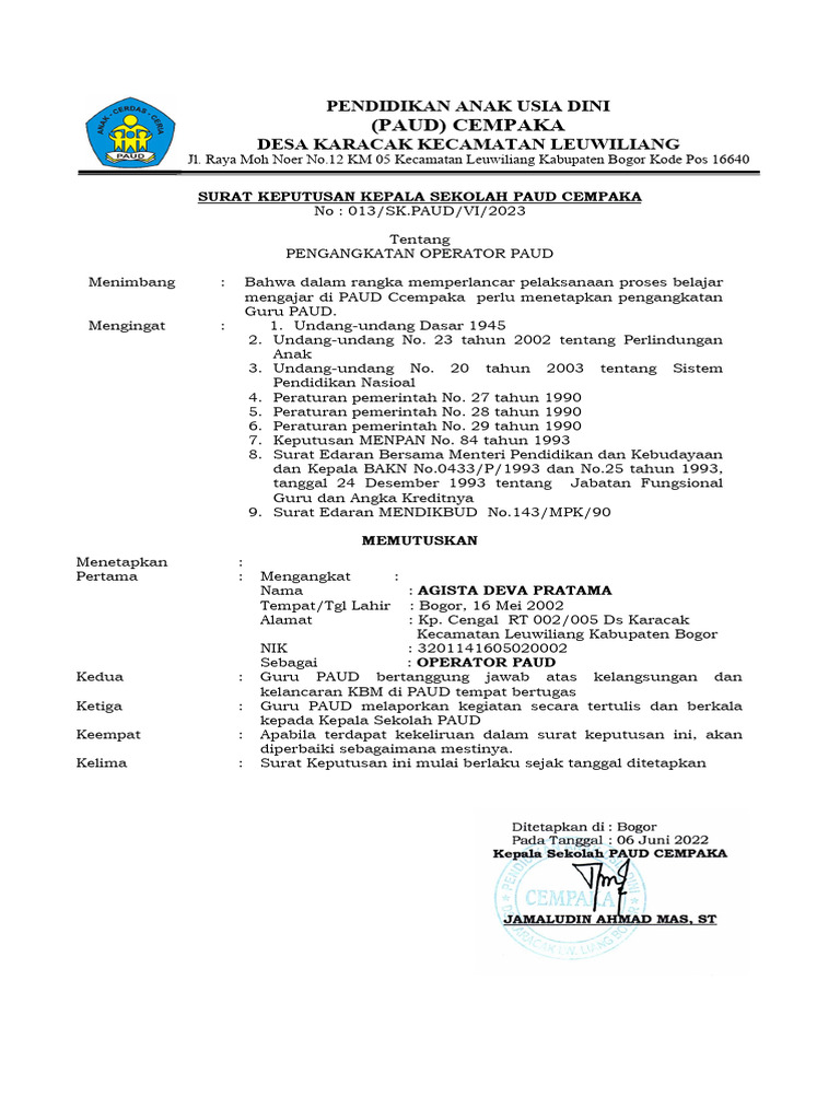 SK Operator Paud | PDF