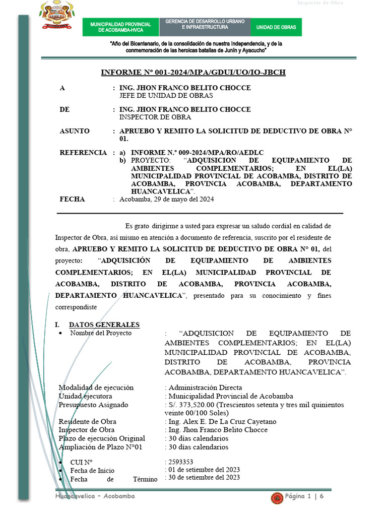 Informe #001 INSPECTOR DE OBRA - DEDUCTIVO DE OBRA | PDF