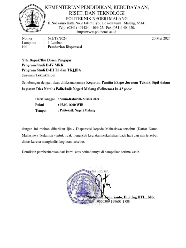 Surat Dispensasi Kuliah Mahasiswa Polinema | PDF | Sains & Matematika