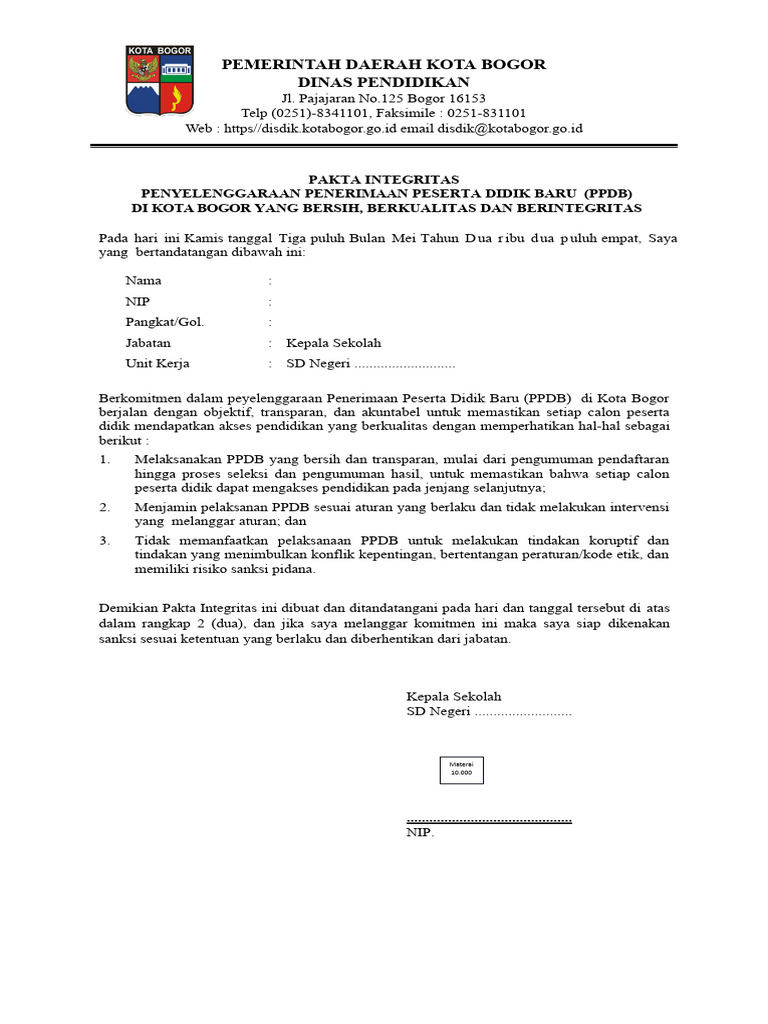 Blanko PAKTA INTEGRITAS PPDB 2024 | PDF