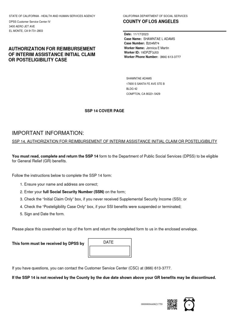 Authorization For Reimbursement of Interim Assistance Initial Claim or Posteligibility Case ...