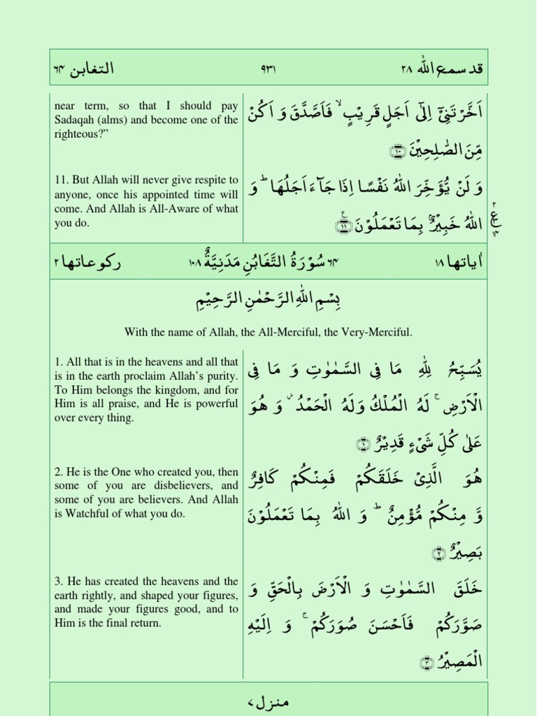 Surah Taghabun: Meaning & Transliteration | PDF | Religious Belief And ...