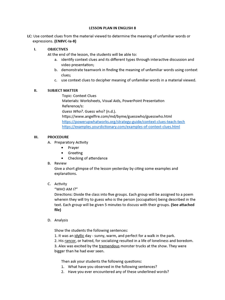 Lesson Plan in English 8 | PDF | Lesson Plan