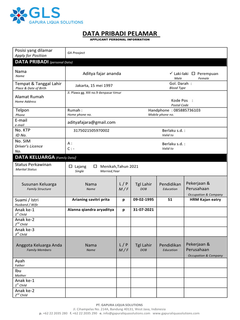 Form Application Data GLS (New) ADITYAFAJARA | PDF
