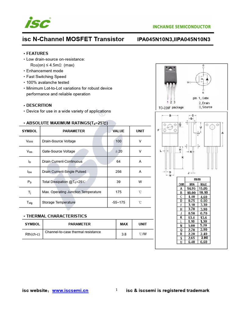 Isc N-Channel MOSFET Transistor: IPA045N10N3, IIPA045N10N3 | PDF ...