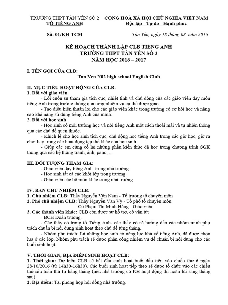 01-KH Thanh Lap CLB | PDF