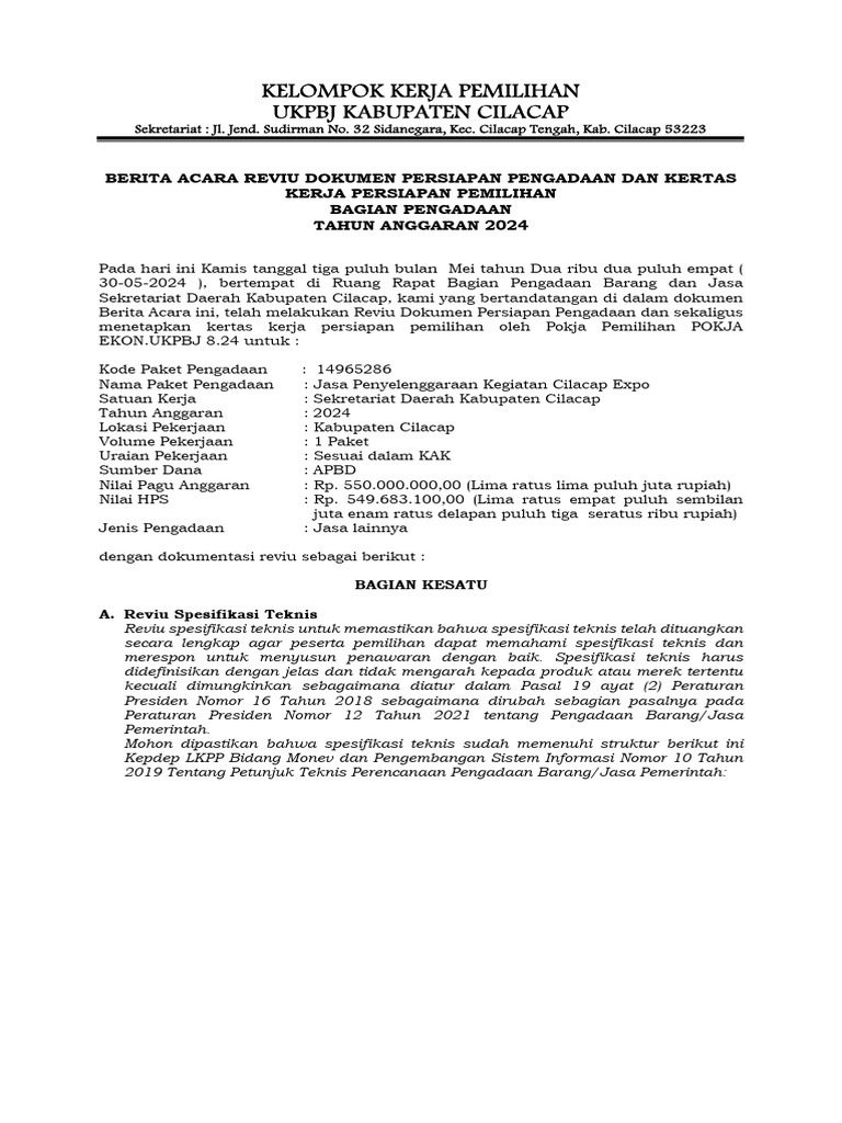 Reviu Dokumen Pengadaan Cilacap 2024 | PDF
