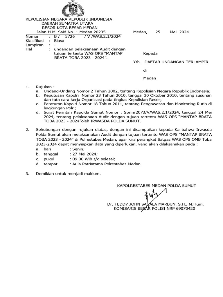 Undangan Audit WAS OPS MANTAP BRATA 2024 | PDF