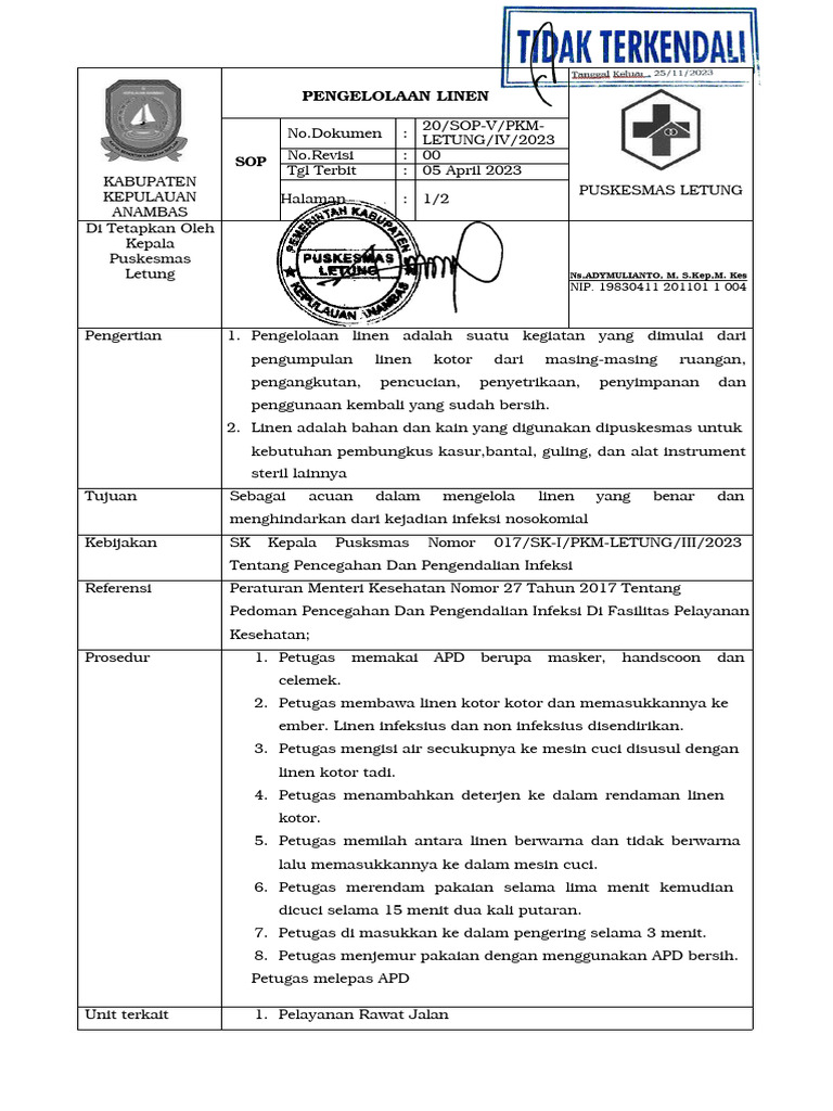 Sop Pengelolaan Linen | PDF