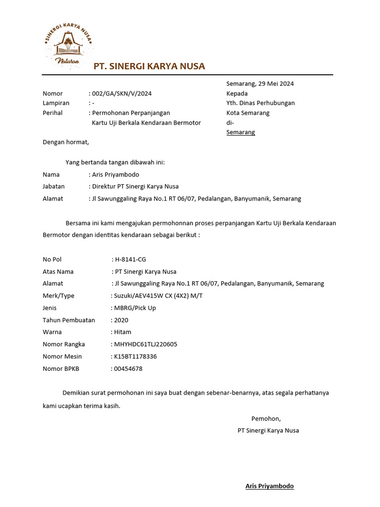 Surat Permohonan Perpanjangan KIR | PDF