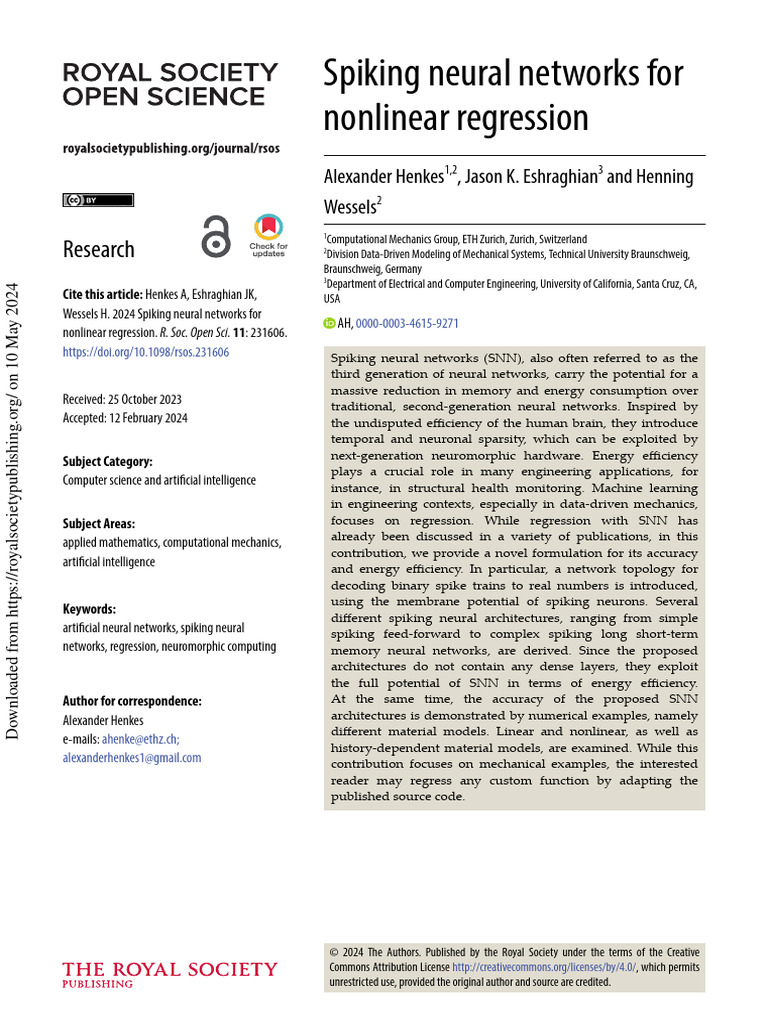 Henkes Et Al 2024 Spiking Neural Networks For Nonlinear Regression | Download Free PDF ...