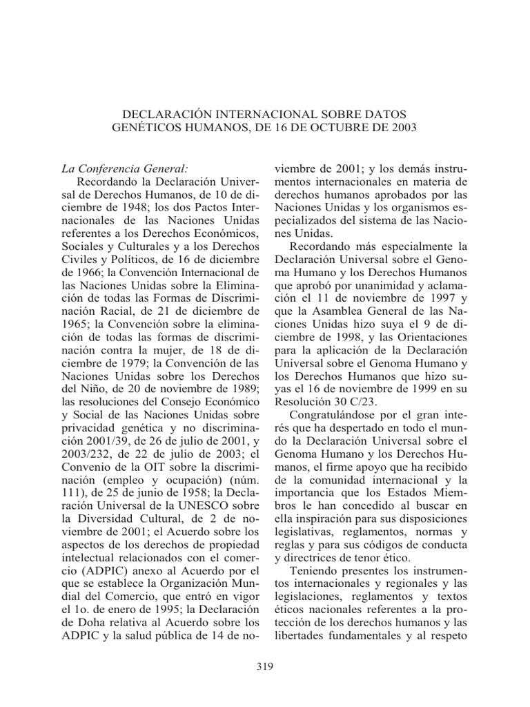 UNESCO - Declaración Internacional Sobre Datos Genéticos Humanos - 2003 ...