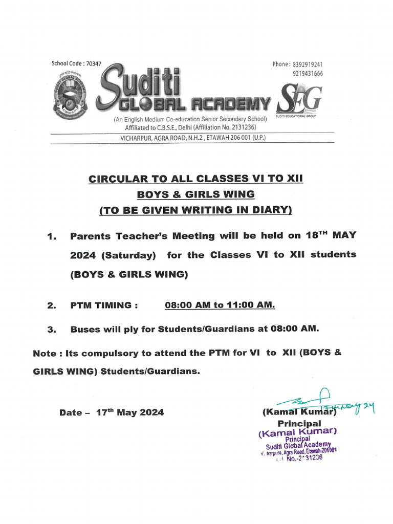 PTM Circular For Vi To Xii Boys & Girls Wing | PDF