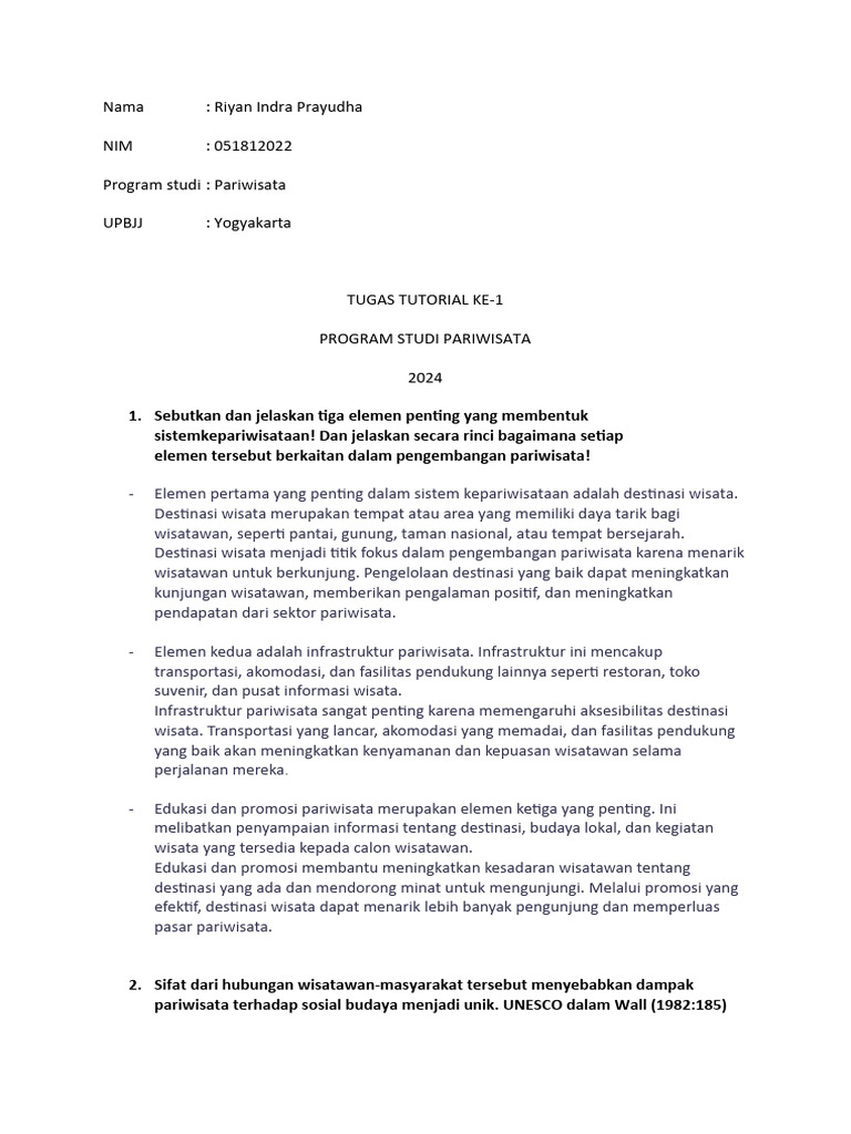 Tugas 1 Tuton Mata Kuliah Pariwisata. | PDF