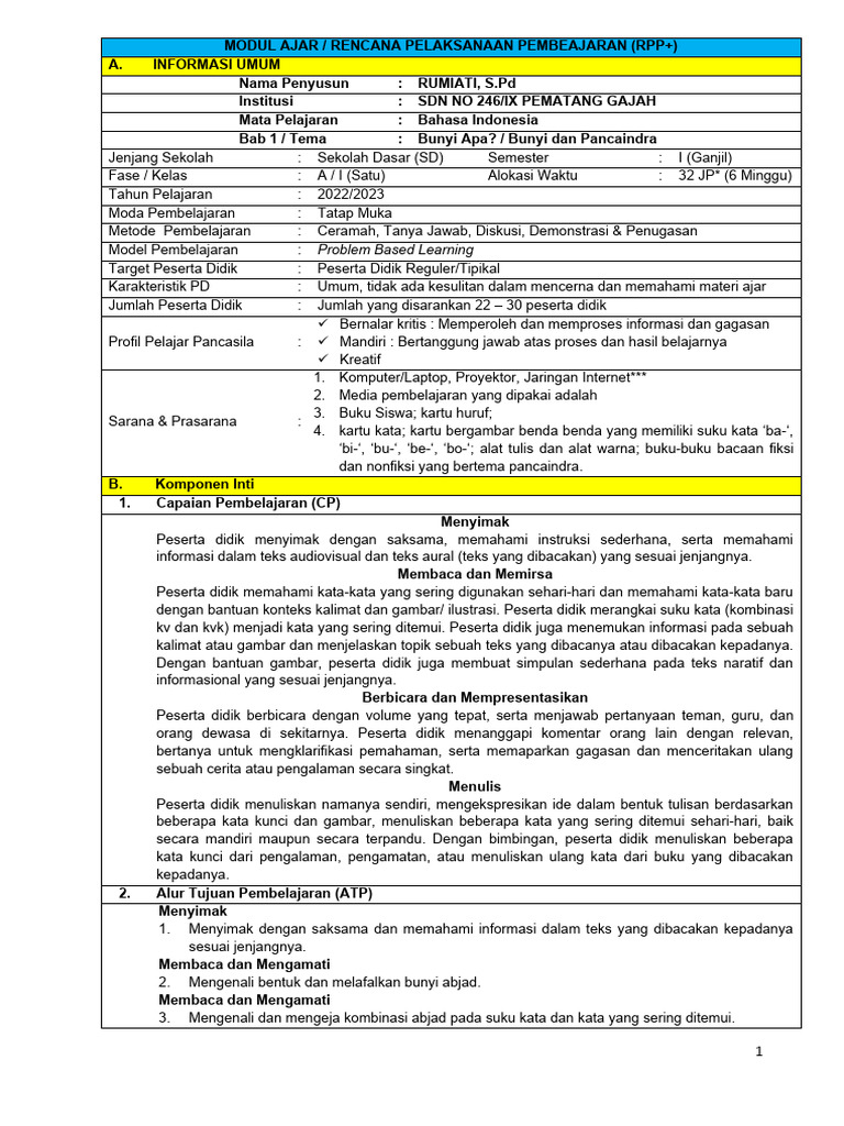 RPP Bindo Kelas 1 Semester 1 | PDF