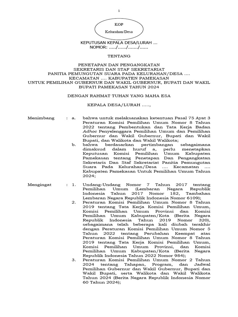Contoh Format SK Kepala Desa-Pilkada | PDF
