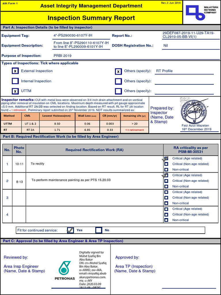 Asset Integrity Management Inspection Report | PDF