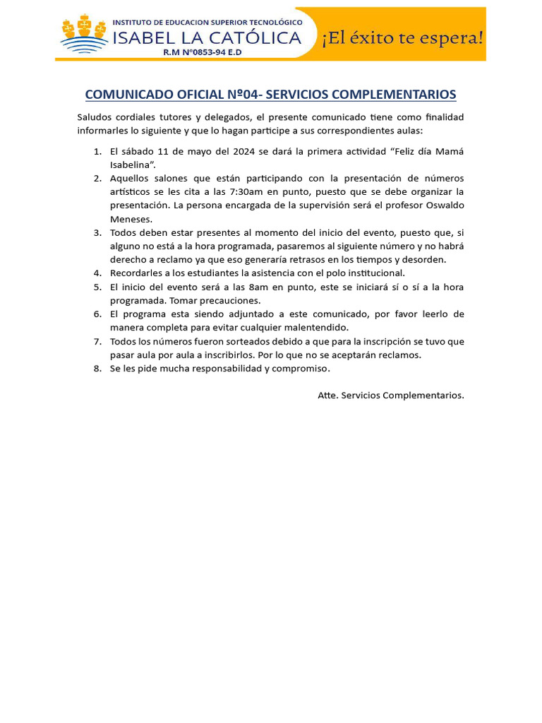 Comunicado Oficial Nº04 - Tutores y Delegados | PDF