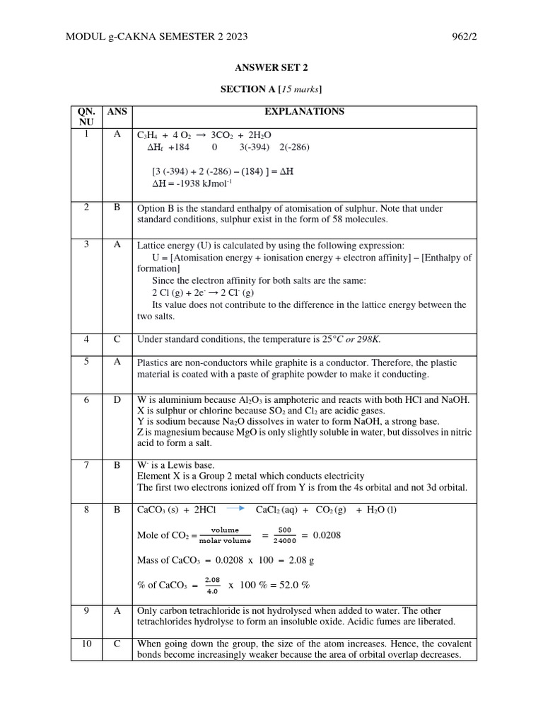 STPM Chemistry Sem 2 2023 Answer Set | PDF | Chlorine | Chemical Bond