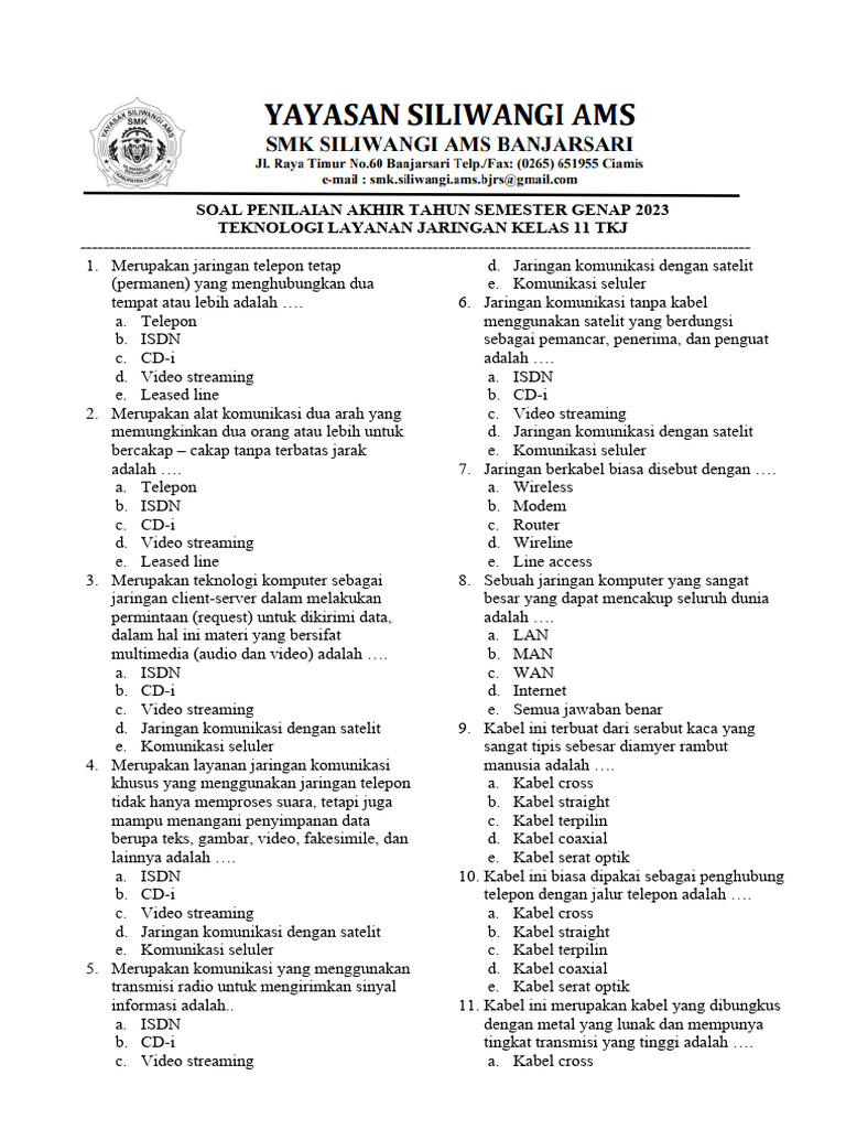 Soal Teknologi Layanan Jaringan Kelas 11 TKJ | PDF