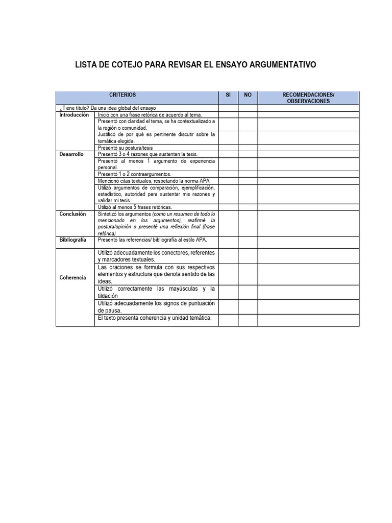 Lista de Cotejo para Revisar El Ensayo Argumentativo | PDF