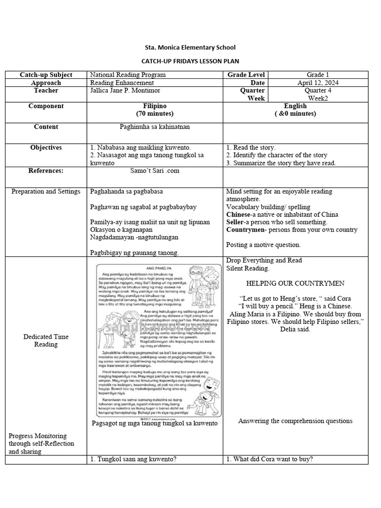Grade 1 Reading Lesson Plan | PDF | Learning | Cognitive Science