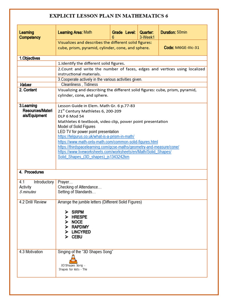Grade 6 Solid Figures Lesson Plan | PDF | Shape | Geometry