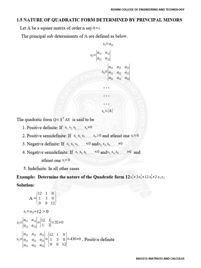 Nature of Quadratic Forms in Matrices | PDF | Matrix Theory | Linear ...