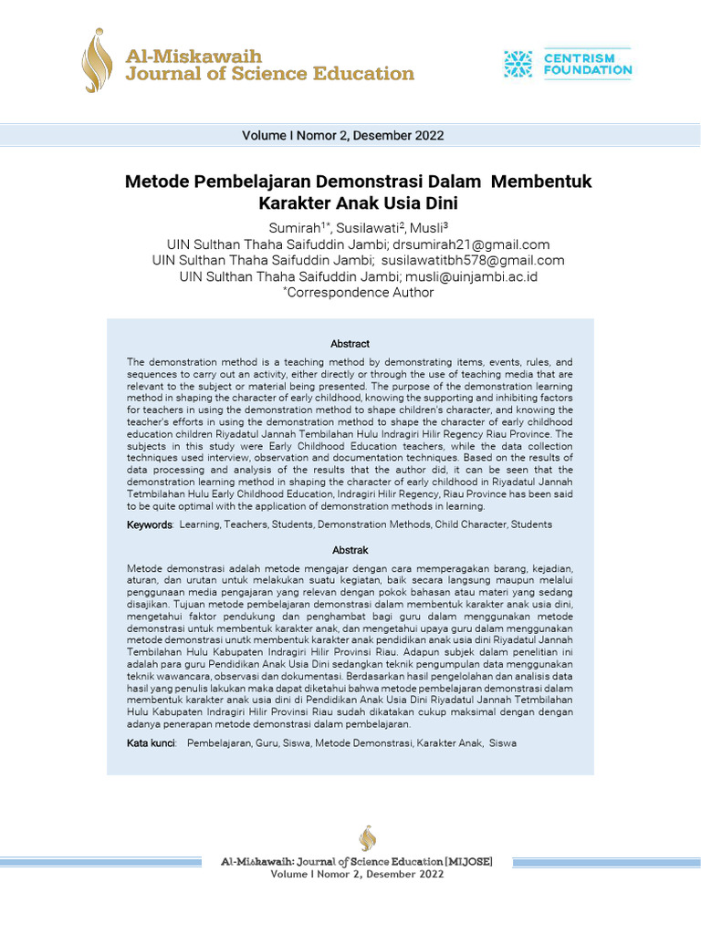 Metode Pembelajaran Demonstrasi Dalam Membentuk Karakter Anak Usia Dini ...