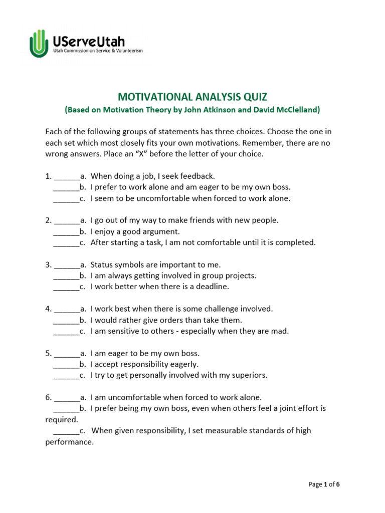 Motivational Analysis Quiz Guide | PDF | Goal | Psychology