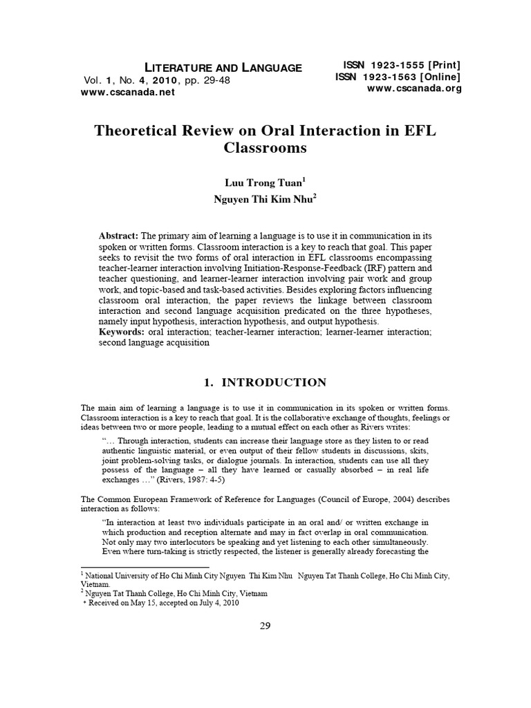 Theoretical Review On Oral Interaction in EFL Classrooms | PDF ...