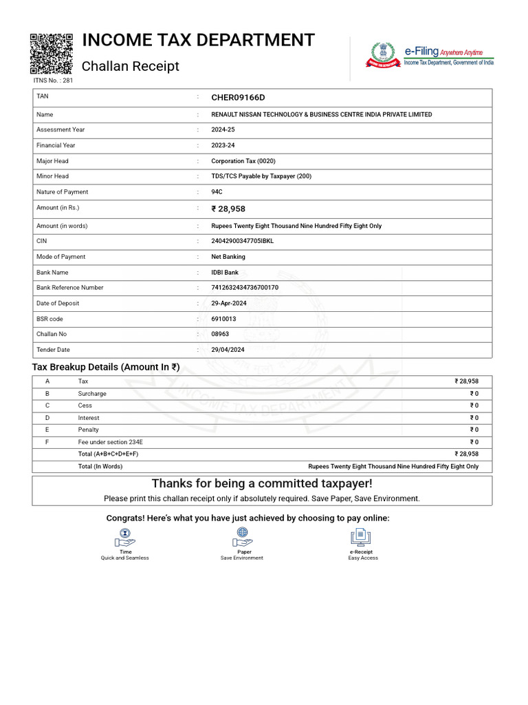 Challan Receipt for BSR Code 6910013 | PDF | Taxes | Taxpayer