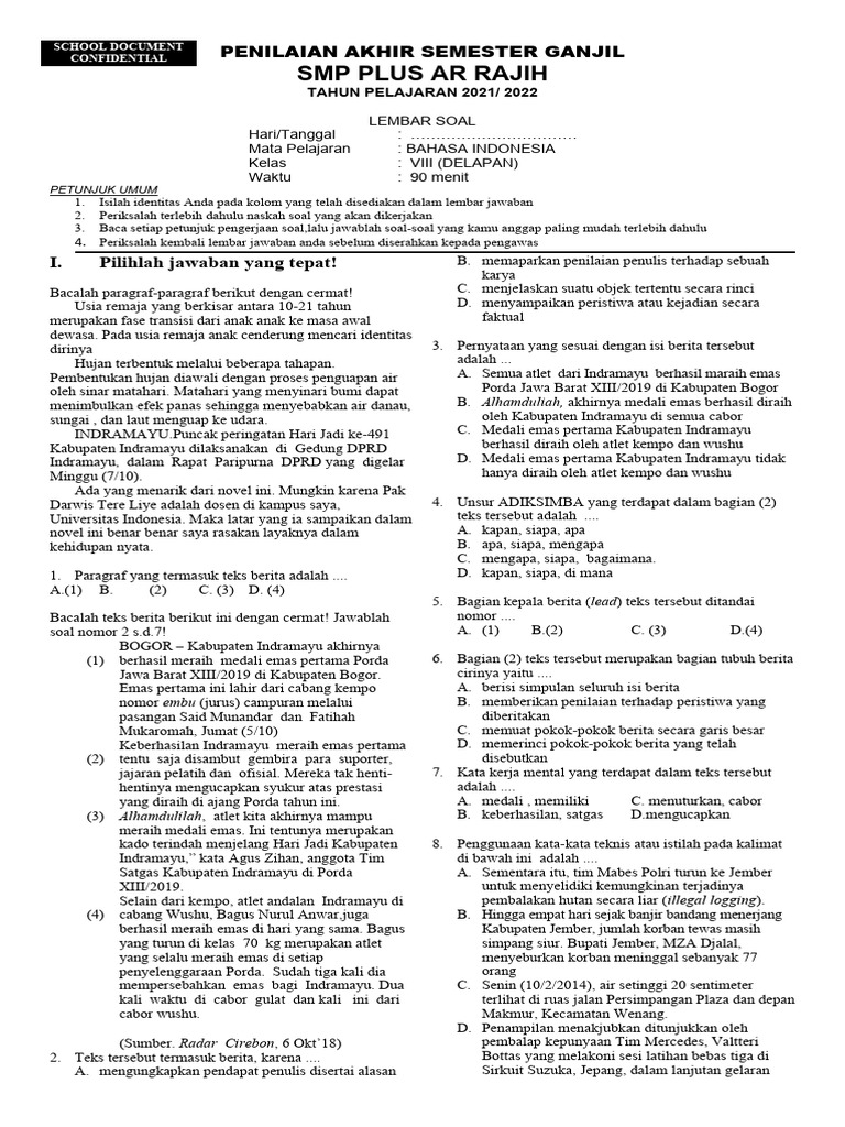 Soal Pas Ganjil Bahasa Indonesia Kelas 8 - 2023-2024 | PDF