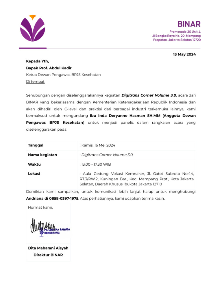 Surat Undangan - Event Digitrans Corner May'24 | PDF