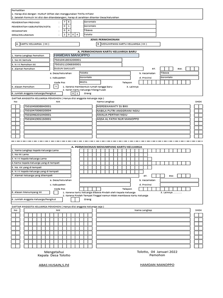 Formulir Permohonan Kartu Keluarga (KK) | PDF