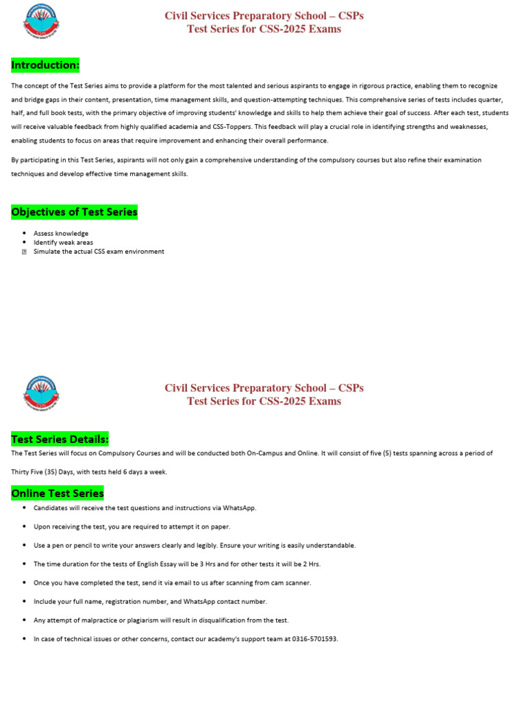 Test Series CSS Planner | Download Free PDF | Pakistan