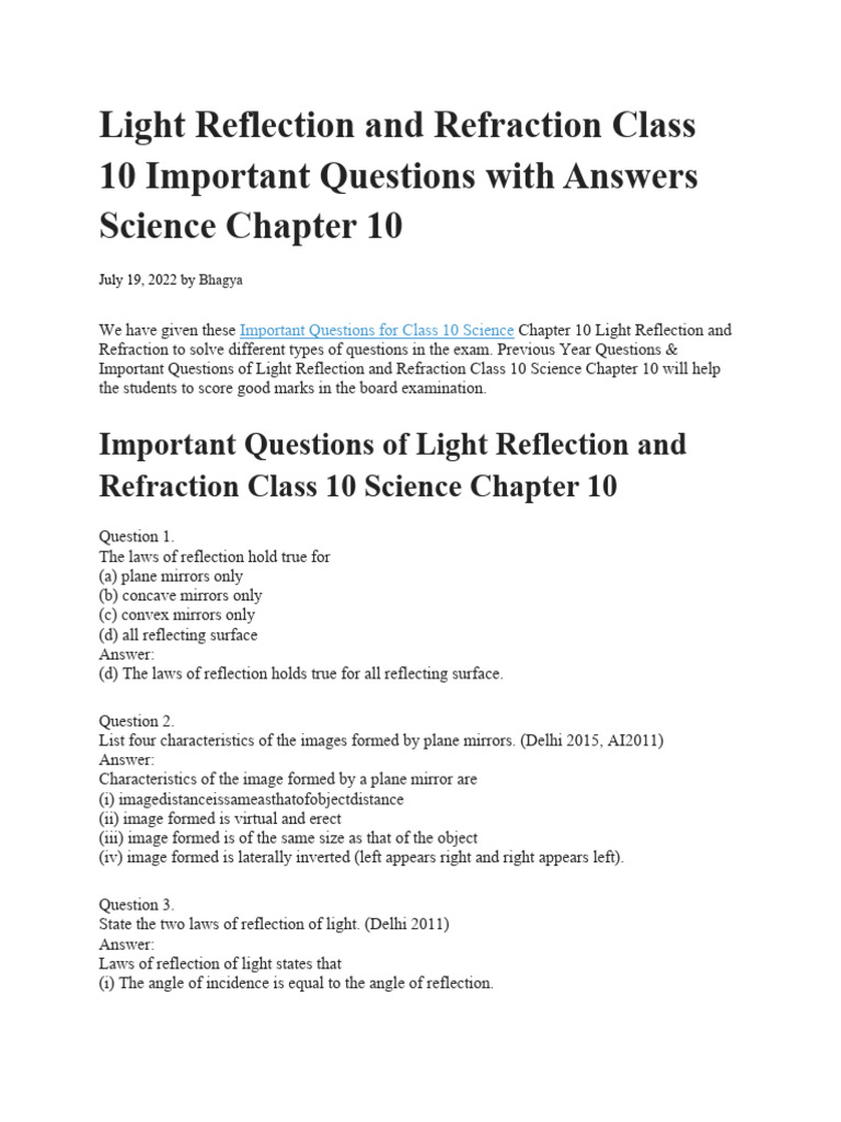 Light Reflection and Refraction Class 10 Important Questions With ...