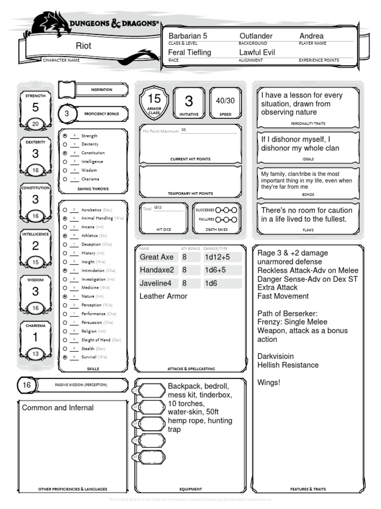 Riot Feraltieflingbarbarian | PDF | Role Playing Video Games | Role ...