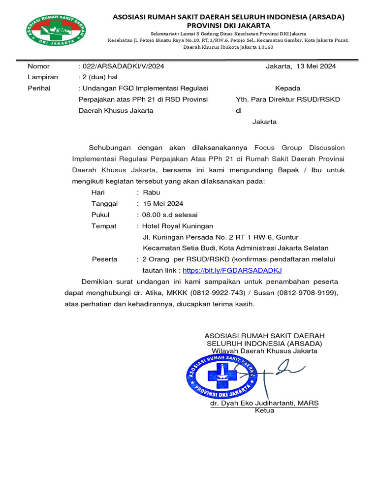 022 Undangan FGD Direktur RSUD RSKD | PDF