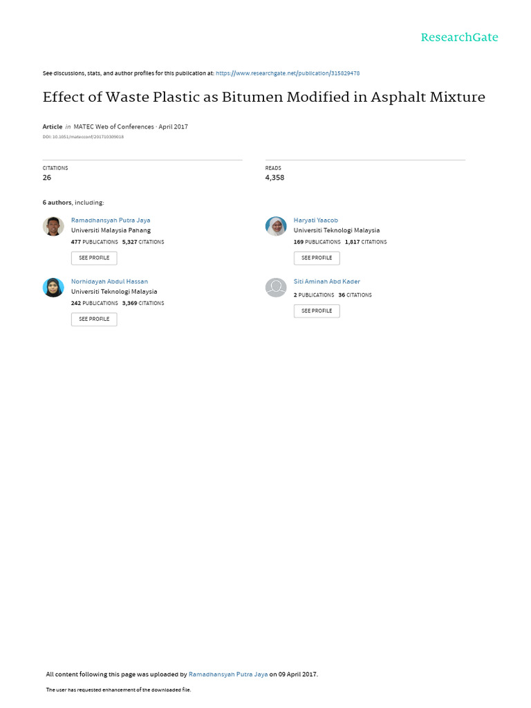 Waste Plastic in Asphalt Mixtures | PDF | Polyethylene | Concrete