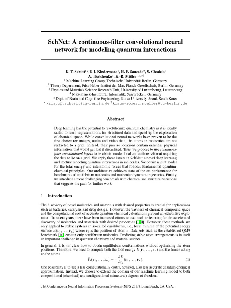 Schnet: A Continuous-Filter Convolutional Neural Network For Modeling Quantum Interactions | PDF ...