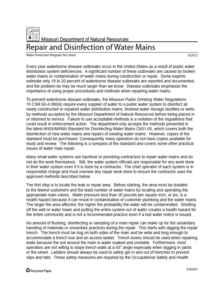 Repair and Disinfection of Water Mains Water Protection Program Fact ...