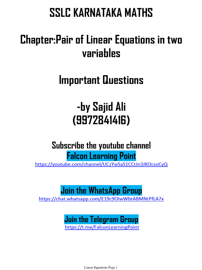Karnataka SSLC Maths - Pair of Linear Equations - Imp Questions | PDF | Equations | System Of ...