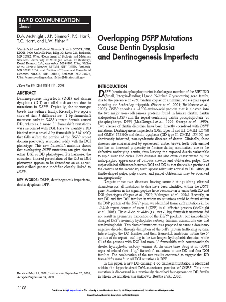 Overlapping DSPP Mutations Cause Dentin Dysplasia and Dentinogenesis ...