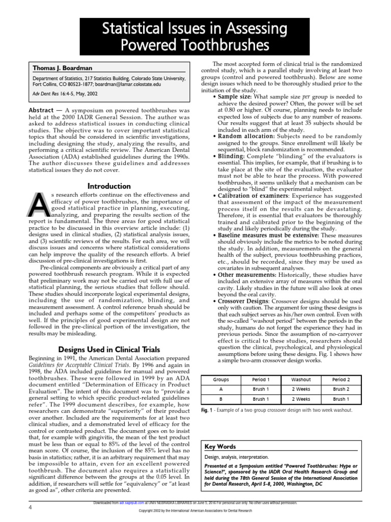 Statistical Issues in Assessing Powered Toothbrushes | PDF | Clinical ...